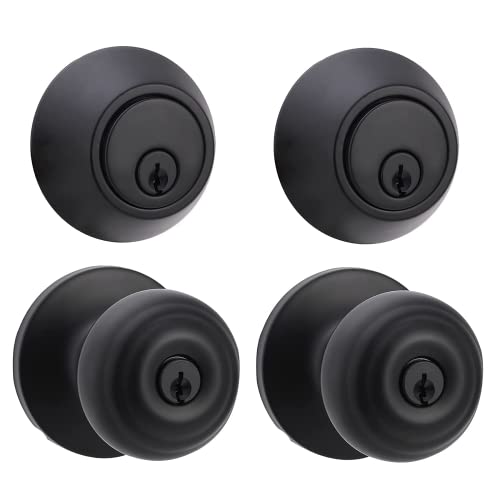 Amazon Basics Exterior Door Knob With Lock and Deadbolt, Classic, 4 count, Set of 2, Matte Black, 3.35"L x 2.56"W