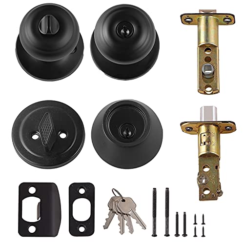 Amazon Basics Exterior Door Knob With Lock and Deadbolt, Classic, 4 count, Set of 2, Matte Black, 3.35"L x 2.56"W