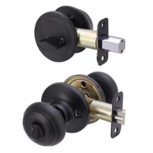 Amazon Basics Exterior Door Knob With Lock and Deadbolt, Classic, 4 count, Set of 2, Matte Black, 3.35"L x 2.56"W