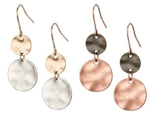 tribal gold, silver and copper or rose gold mixed metal boho chic ethnic vintage hoop circle fishhook dangle earrings for women and girls gift jewelry bohemian (2 disc 2 pack)