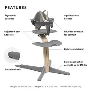 Stokke Nomi High Chair, Grey/Natural - Inspires Active Sitting - Tool-Free, Seamless Adjustability - Includes Baby Set with Removable Harness for Children 6-24 Months