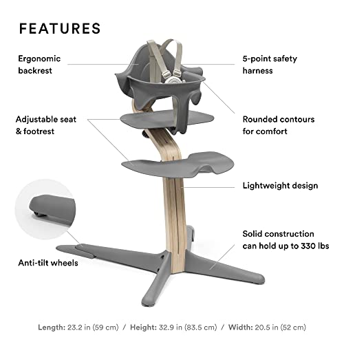 Stokke Nomi High Chair, Grey/Natural - Inspires Active Sitting - Tool-Free, Seamless Adjustability - Includes Baby Set with Removable Harness for Children 6-24 Months