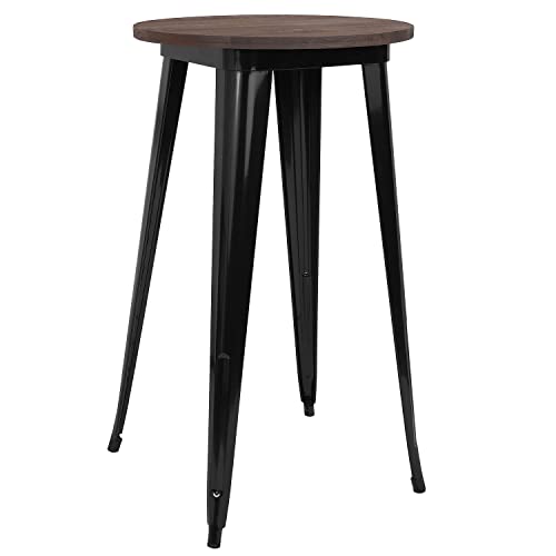 Flash Furniture James 24" Round Black Metal Indoor Bar Height Table with Walnut Rustic Wood Top