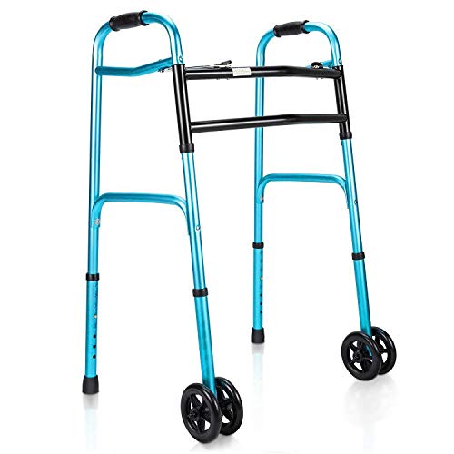 OasisSpace Heavy Duty Folding Walker, Bariatric Walker with 5 Inches Wheels for Seniors Wide Walker Supports up to 500 lbs [Walker Accessories Included] (Heavy Duty Size)