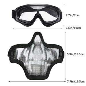 AOUTACC Airsoft Half Face Mask Steel Mesh and Goggles Set, Skull Tactical Masks Protection Gear for Paintball BBS CS Nerf Game Cosplay Halloween Costume Accessories (Black Skull)