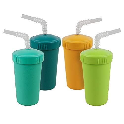 Re Play 10 Oz. Made In USA Straw Cups with Reversible Bendy Straw - Made from Heavyweight Recycled Milk Jugs- BPA Free- Dishwasher & Microwave Safe - Aqua Asst - Pack of 4