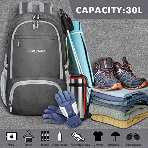 ZOMAKE Lightweight Packable Backpack 30L - Foldable Hiking Backpacks Water Resistant Compact Folding Daypack for Travel(Dimgray)