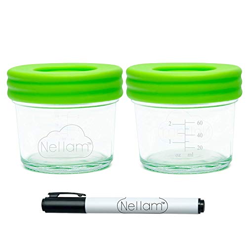 Nellam Baby Food Storage Containers - Leakproof, Airtight, Glass Jars for Freezing & Homemade Babyfood Prep - Reusable, BPA Free, 12 x 4oz Set, that is Microwave & Freezer Safe