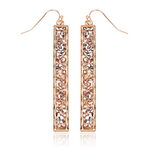 Glitter Rhinestone Statement Drop Earrings - Sparkly Crystal Geometric Metal Hook Dangles Vertical Bar, Elongated Teardrop, Shield Disc (Encrusted Jewel - Long Bar Champagne/Gold)