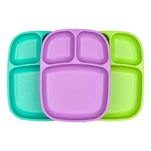 Re Play Set of 3 - Made in the USA Deep Divided Heavy Duty Dining Plates with 3 Compartments for All Ages -  Aqua, Purple, Lime Green (Mermaid)