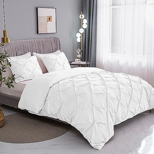 ASHLEYRIVER 3 Piece Luxurious Pinch Pleated Duvet Cover with Zipper & Corner Ties 100% 120 g Microfiber Pintuck Duvet Cover Set(Queen White)