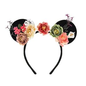 A Miaow Flower Headpiece Black Mouse Ears Headband MM Floral Hair Hoop Halloween Park Women Adults Costume Photo Shoot (Colourful Flowers)