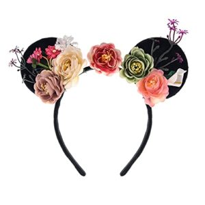 a miaow flower headpiece black mouse ears headband mm floral hair hoop halloween park women adults costume photo shoot (colourful flowers)