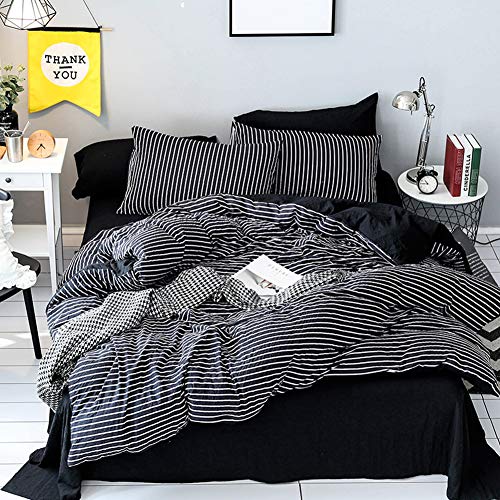 LAMEJOR Duvet Cover Sets Queen Size Striped Pattern Reversible Luxury Soft Bedding Set Comforter Cover (1 Duvet Cover+2 Pillowcases) Black/White