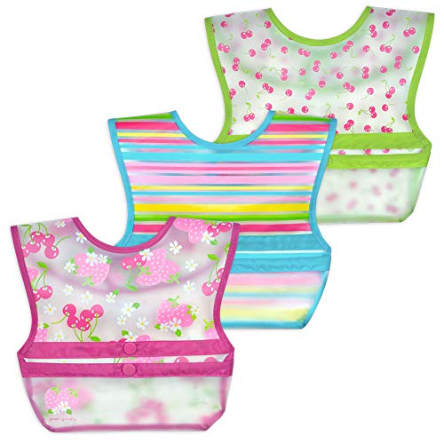 green sprouts Snap + Go Wipe-off Bibs (3 pack) | Waterproof, Easy Clean | Catch-all Pocket | Made without PVC, Formaldehyde