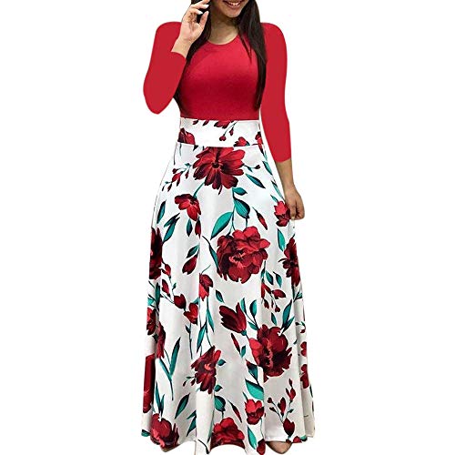 Kanhan Fashion Women Long Sleeve Floral Boho Print Slim Long Maxi Dress High Waist Casual Dress (L, Red)