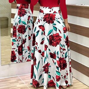 Kanhan Fashion Women Long Sleeve Floral Boho Print Slim Long Maxi Dress High Waist Casual Dress (L, Red)