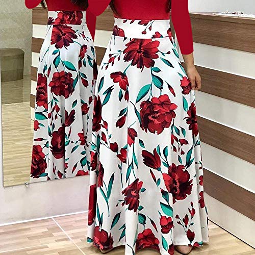 Kanhan Fashion Women Long Sleeve Floral Boho Print Slim Long Maxi Dress High Waist Casual Dress (L, Red)