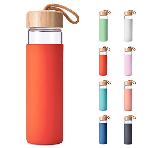 Yomious 20 Oz Borosilicate Glass Water Bottle with Bamboo Lid and Silicone Sleeve – Reusable BPA Free – Glass Drinking Bottle with Lids - Cute Glass Bottle for Women - Glass Shaker Bottle