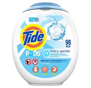 tide pods free and gentle, laundry detergent soap pods, he, 96 count - unscented and hypoallergenic for sensitive skin, free and clear of dyes and perfumes