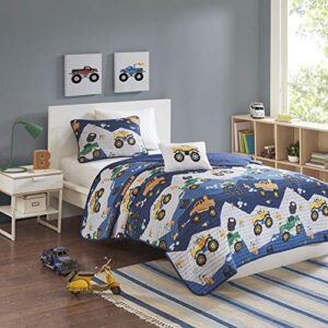 mi zone kids nash reversible quilt set, vibrant fun design, lightweight all season children bedding, coverlet bedspread, boys bedroom décor, twin, big wheel monster trucks 3 piece