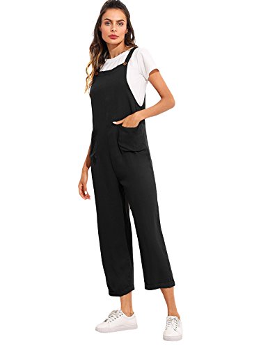 Verdusa Women's Adjustable Straps Jumpsuit Overalls with Pockets Black XL