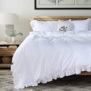 QSH White Ruffle Duvet Cover Queen 100% Washed Cotton Farmhouse Shabby Boho Chic Bedding Comforter Quilt Cover 3 Pieces Vintage Aesthetic French Country Queen Bed Set Extra Soft Breathable