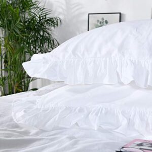 QSH White Ruffle Duvet Cover Queen 100% Washed Cotton Farmhouse Shabby Boho Chic Bedding Comforter Quilt Cover 3 Pieces Vintage Aesthetic French Country Queen Bed Set Extra Soft Breathable