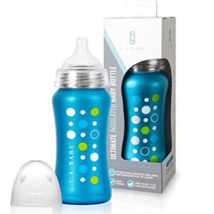 ultimate stainless steel baby bottle 9oz insulated baby bottle | insulate milk for 10+ hours | non-toxic food-grade stainless steel & food-grade silicone slow flow nipple | leak-free design - blue