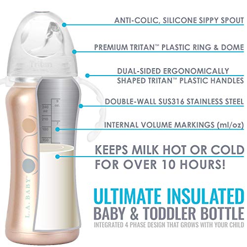 Ultimate Stainless Steel Sippy Cup | 9oz Insulated Sippy Cup for Toddlers Insulates 10+ Hours | Leak-free, Non-toxic Medical Grade Silicone and Stainless Steel Sippy Cup for Baby - Rose Gold