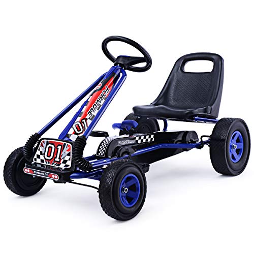 Costzon Go Kart for Kids, 4 Wheel Off-Road Pedal Go Cart w/Adjustable Seat, Steering Wheel, 2 Safety Brakes, EVA Rubber Tires, Ride-On Toys for Boys & Girls, Outdoor Racer Ride On Pedal Car (Blue)