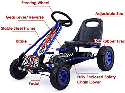 Costzon Go Kart for Kids, 4 Wheel Off-Road Pedal Go Cart w/Adjustable Seat, Steering Wheel, 2 Safety Brakes, EVA Rubber Tires, Ride-On Toys for Boys & Girls, Outdoor Racer Ride On Pedal Car (Blue)