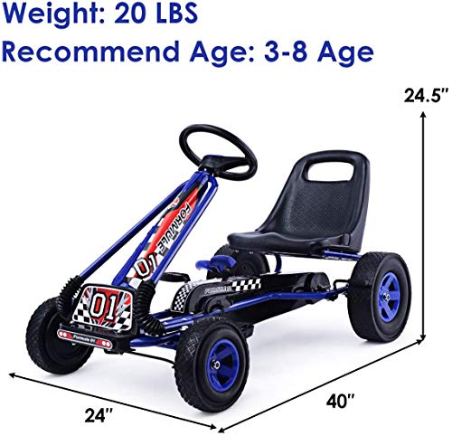 Costzon Go Kart for Kids, 4 Wheel Off-Road Pedal Go Cart w/Adjustable Seat, Steering Wheel, 2 Safety Brakes, EVA Rubber Tires, Ride-On Toys for Boys & Girls, Outdoor Racer Ride On Pedal Car (Blue)