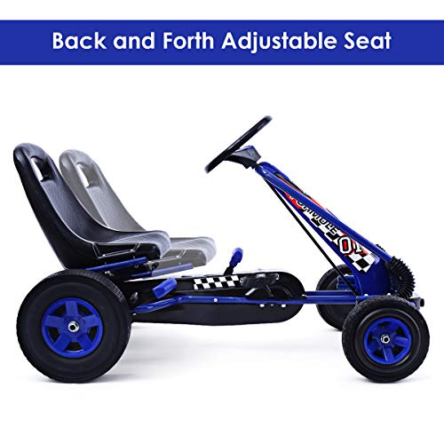 Costzon Go Kart for Kids, 4 Wheel Off-Road Pedal Go Cart w/Adjustable Seat, Steering Wheel, 2 Safety Brakes, EVA Rubber Tires, Ride-On Toys for Boys & Girls, Outdoor Racer Ride On Pedal Car (Blue)