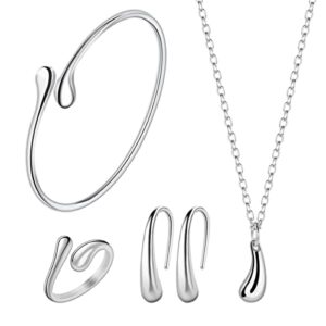 4pcs 925 sterling silver jewelry set for women teardrop pendant necklace earrings bracelet ring fit with party meeting dating wedding daily birthday gift