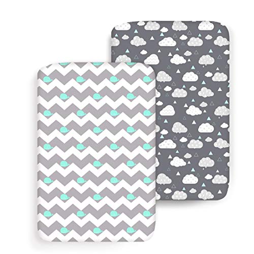 COSMOPLUS Stretch Fitted Pack n Play Playard Sheets 2 Pack for Mini Crib Sheet Set,Pack n Play Mattress Cover, Ultra Stretchy Soft,Whale/Cloud