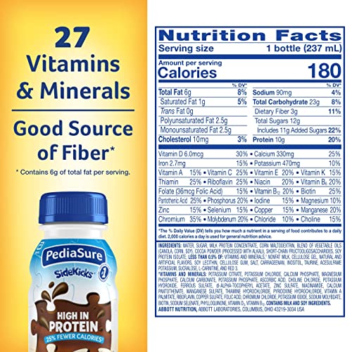 PediaSure SideKicks, 6 Shakes, Kids Protein Shake, With Key Nutrients and Protein to Help Kids Catch Up on Growth and Help Fill Nutrient Gaps, Chocolate, 8 fl oz