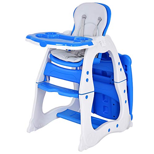 HONEY JOY 5 in 1 High Chair, Convertible Highchair for Babies and Toddlers/Table Chair Set/Booster Seat/Toddler Chair w/Safety Harness, Reclining Backrest, Double Food Tray (Blue)