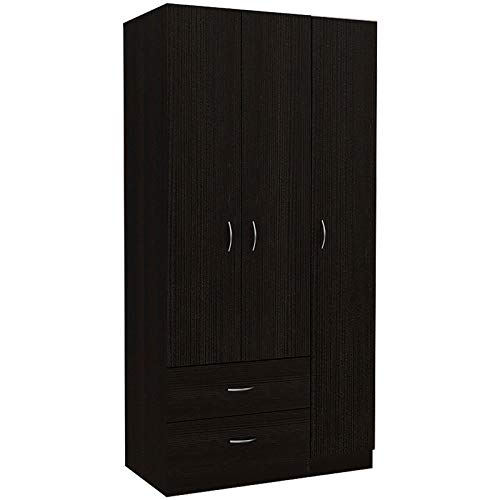 Tuhome Austral 3 Door Armoire with Drawers, Shelves, and Hanging Rod, Black Wenge