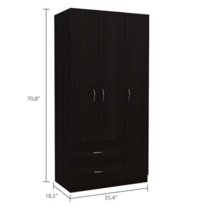 Tuhome Austral 3 Door Armoire with Drawers, Shelves, and Hanging Rod, Black Wenge