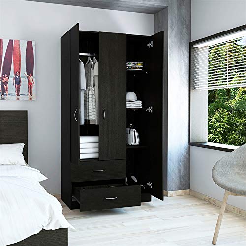 Tuhome Austral 3 Door Armoire with Drawers, Shelves, and Hanging Rod, Black Wenge