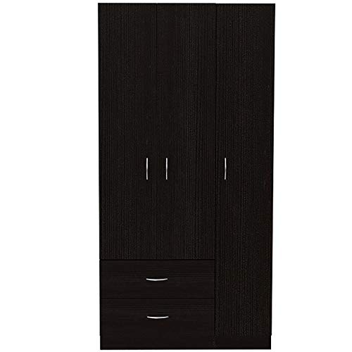 Tuhome Austral 3 Door Armoire with Drawers, Shelves, and Hanging Rod, Black Wenge