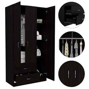 Tuhome Austral 3 Door Armoire with Drawers, Shelves, and Hanging Rod, Black Wenge