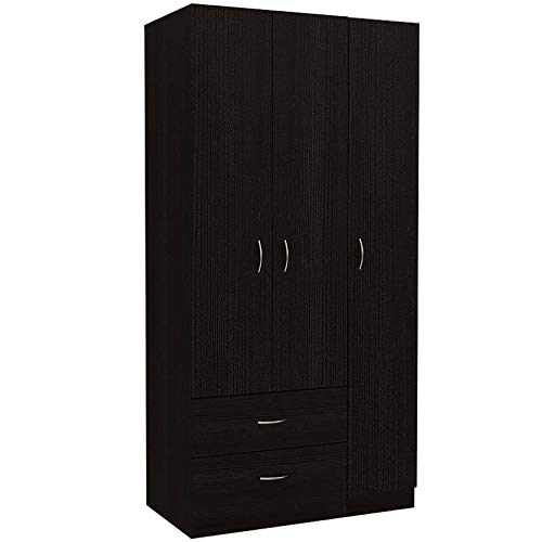 Tuhome Austral 3 Door Armoire with Drawers, Shelves, and Hanging Rod, Black Wenge