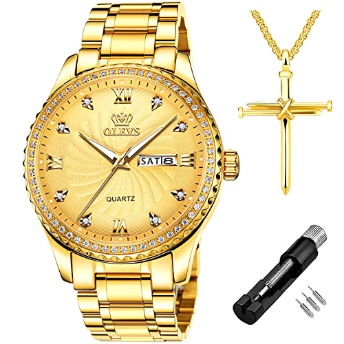 OLEVS Gold Watches for Men Diamond Luxury Wrist Watch Valentines Gifts Set Waterproof Stainless Steel Big Face Luminous Classic Casual Dress Day Date Calendar Analog Quartz Watch for Young Male