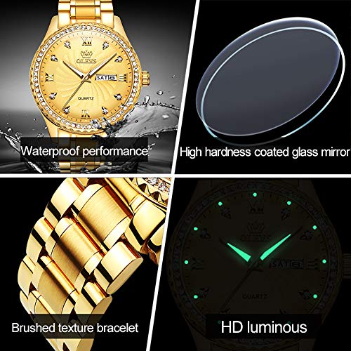 OLEVS Gold Watches for Men Diamond Luxury Wrist Watch Valentines Gifts Set Waterproof Stainless Steel Big Face Luminous Classic Casual Dress Day Date Calendar Analog Quartz Watch for Young Male