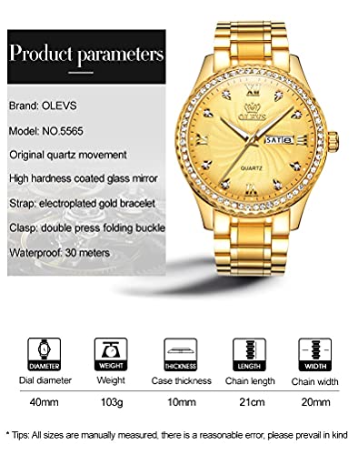 OLEVS Gold Watches for Men Diamond Luxury Wrist Watch Valentines Gifts Set Waterproof Stainless Steel Big Face Luminous Classic Casual Dress Day Date Calendar Analog Quartz Watch for Young Male