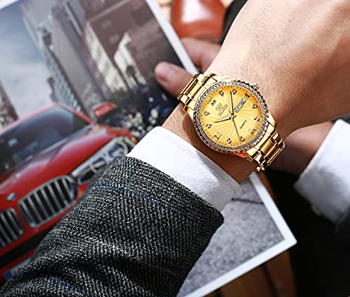 OLEVS Gold Watches for Men Diamond Luxury Wrist Watch Valentines Gifts Set Waterproof Stainless Steel Big Face Luminous Classic Casual Dress Day Date Calendar Analog Quartz Watch for Young Male