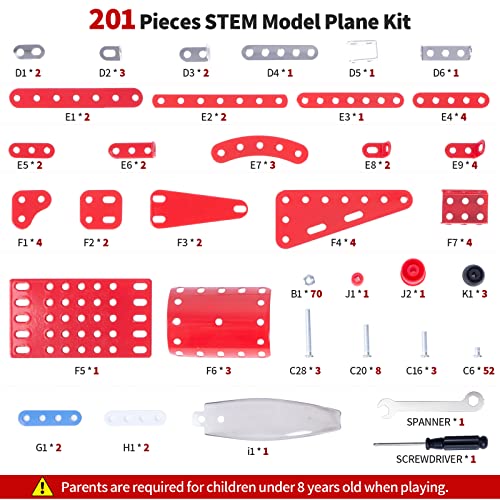 COSKEHAN STEM Assembled Model Plane Kit Building Toy, 201 Pieces STEM Projects Airplane Building Kits for Kids Age 8-12, STEM Educational Model Kit Gifts for Teenage Boys & Girls 8+, Red, 7*9*3 inch