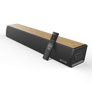 sound bar, bestisan 60 watt sound bars for tv with unique oak finish design, 3 equalizer modes, optical/coax/aux/usb driver connection, bluetooth 5.0, bass adjustable, deep bass, 2022 upgrade version